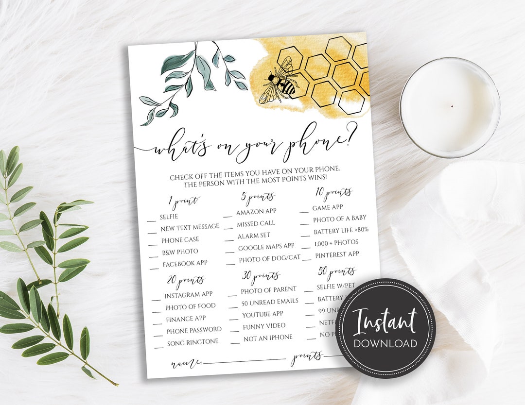 Bee What's on Your Phone Shower Game, Bee Baby Shower Game, Bee Bridal ...