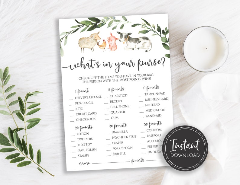 Farm Animals Baby Shower Game: What's in Your Purse (printable Game ...