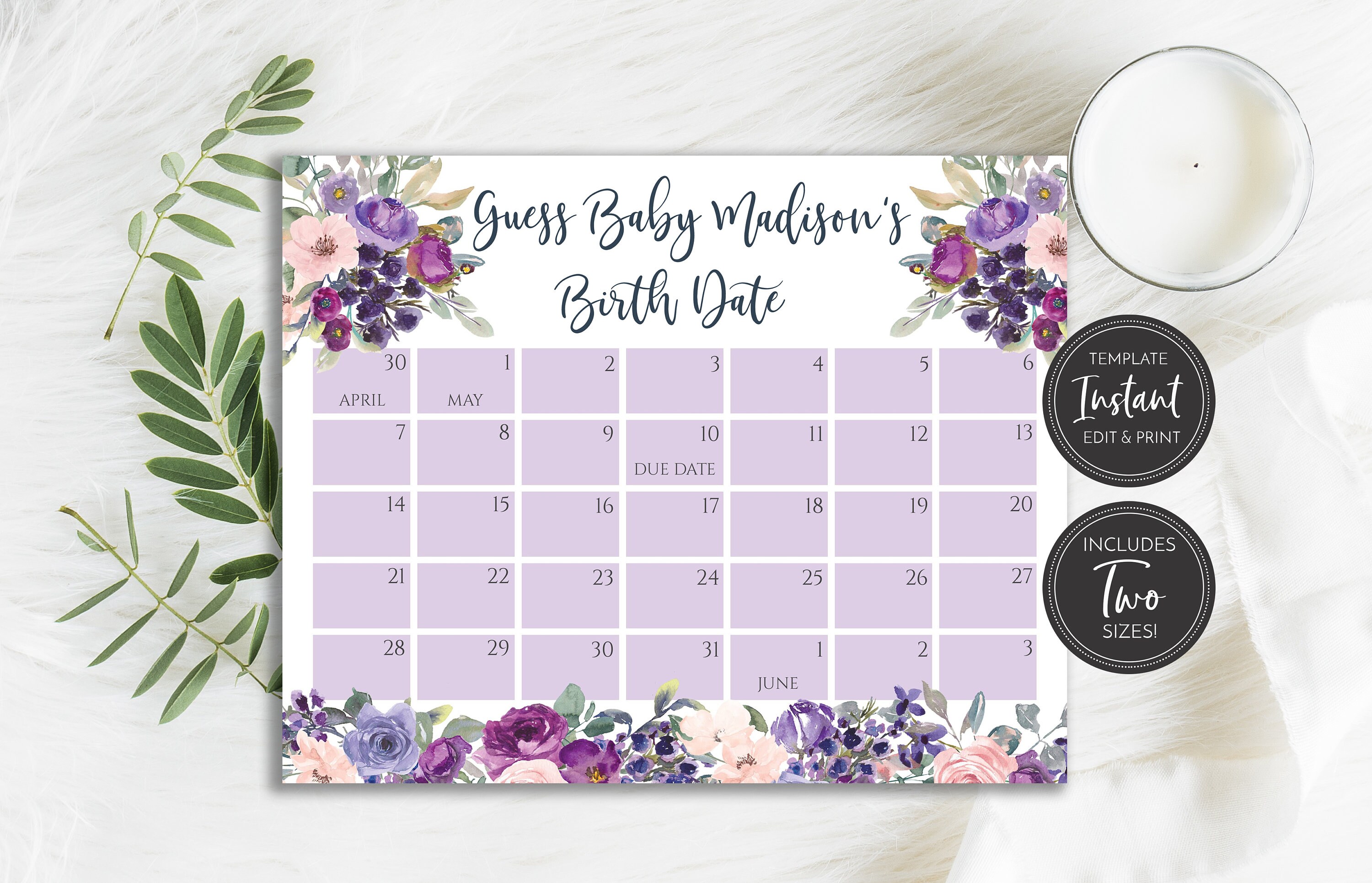 Purple Floral Guess Baby's Due Date Calendar Template - Etsy