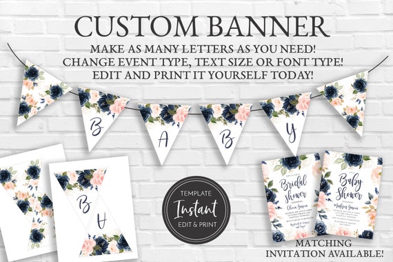 Blush Navy Floral Banner, Baby Shower, Bridal Shower, Edit Yourself ...