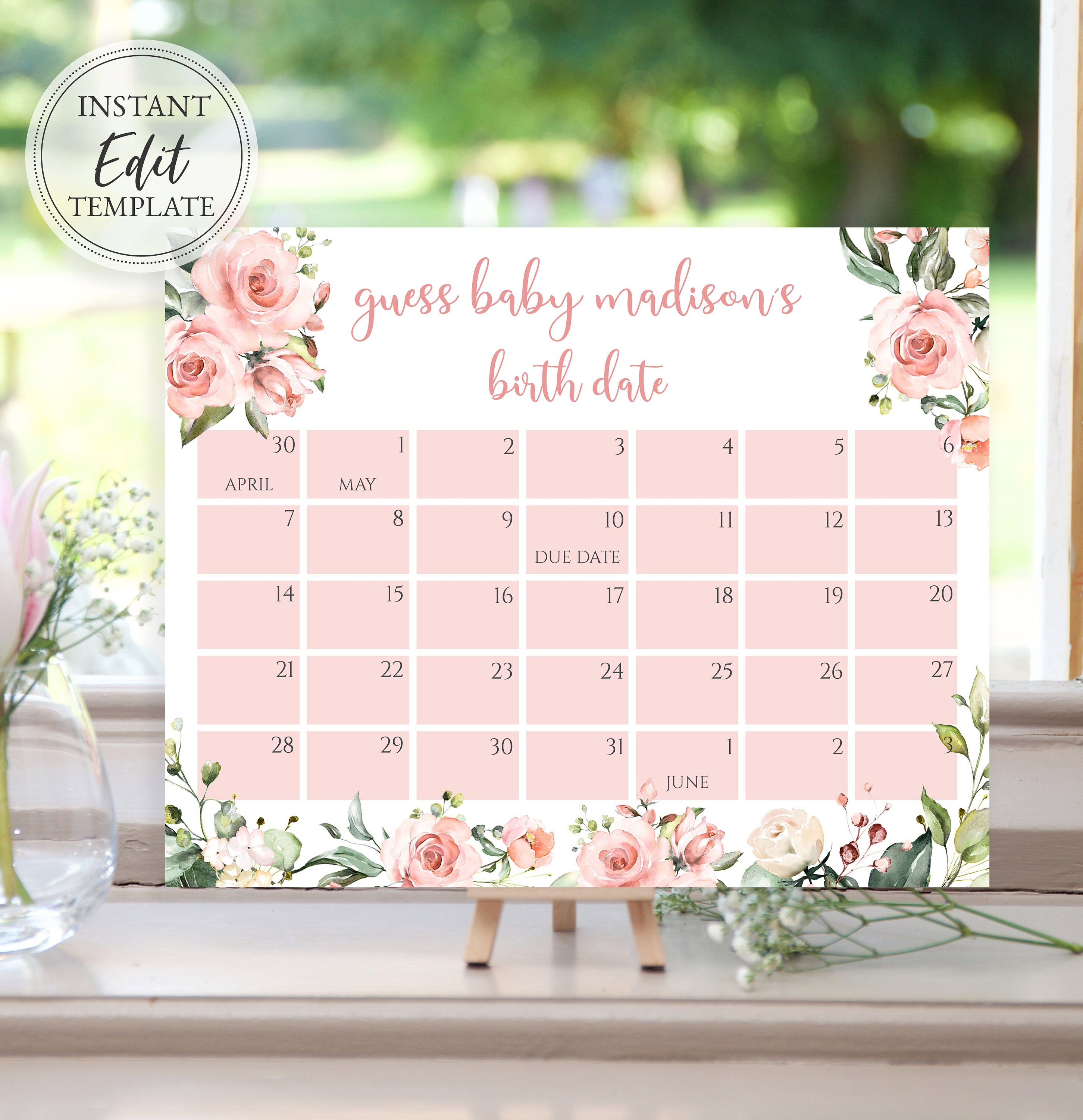 Blush Pink Roses Baby Shower Due Date Calendar Template Guess - Etsy