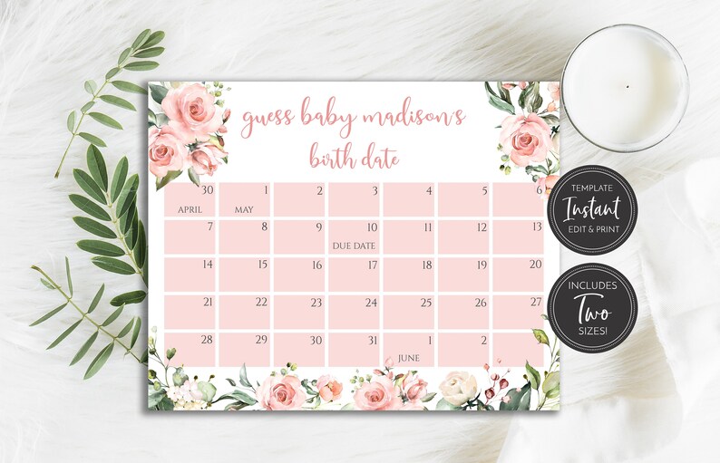 Blush Pink Roses Baby Shower Due Date Calendar Template Guess - Etsy