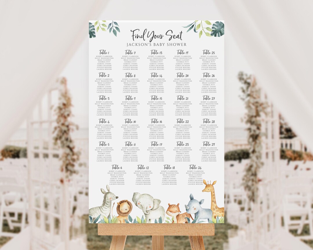 Jungle Safari Seating Chart Sign Template, Baby Shower, Vertical 24x36 ...