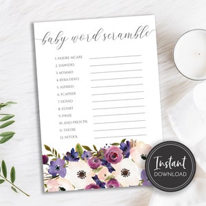 Baby Word Scramble Game, Purple Baby Shower Game, Instant Download ...