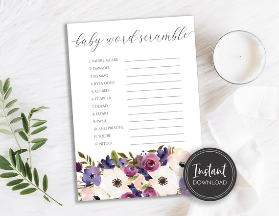 Baby Word Scramble Game, Purple Baby Shower Game, Instant Download ...