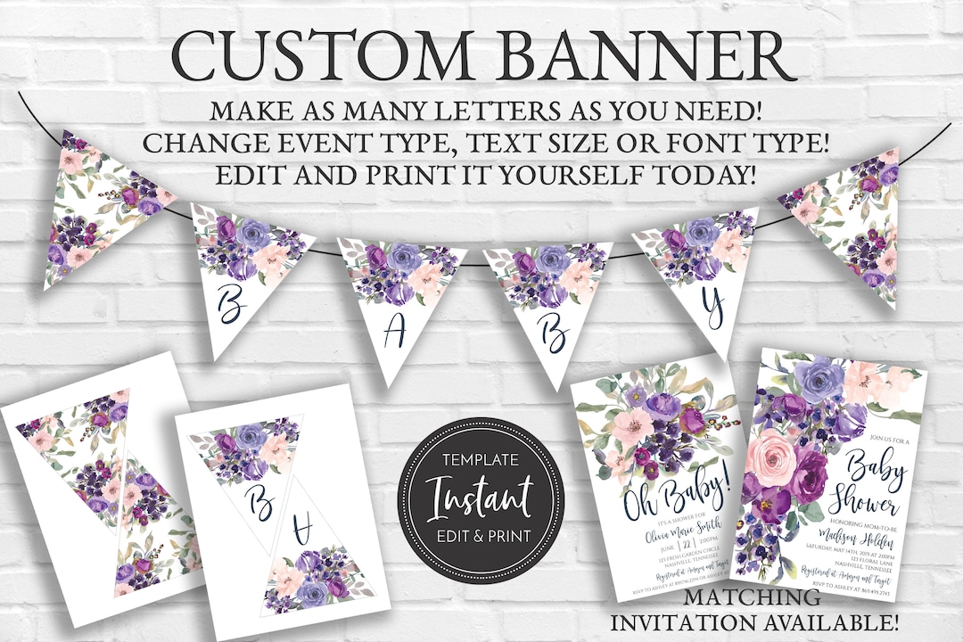 Purple Floral Banner Template: Editable Printable (digital Download) - Etsy