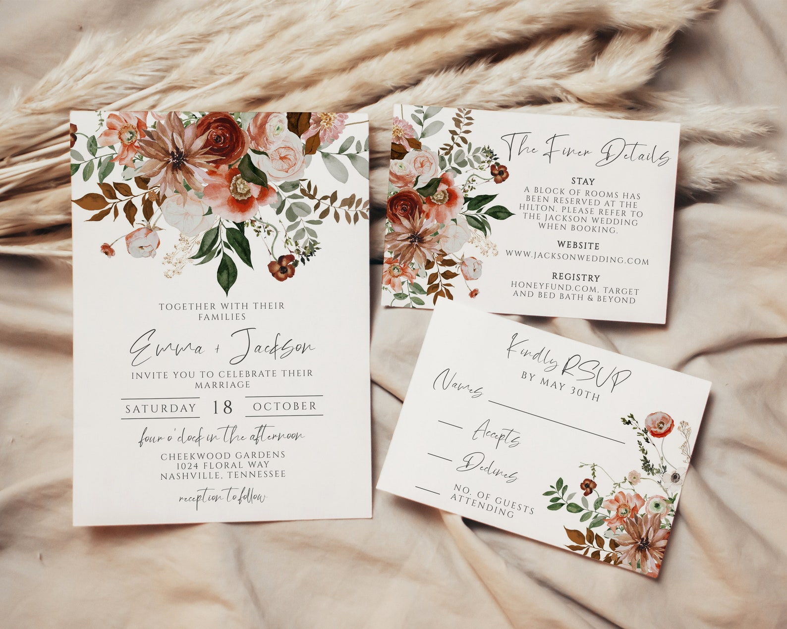 Rustic Boho Wedding Invitation Bundle Invite RSVP Details | Etsy