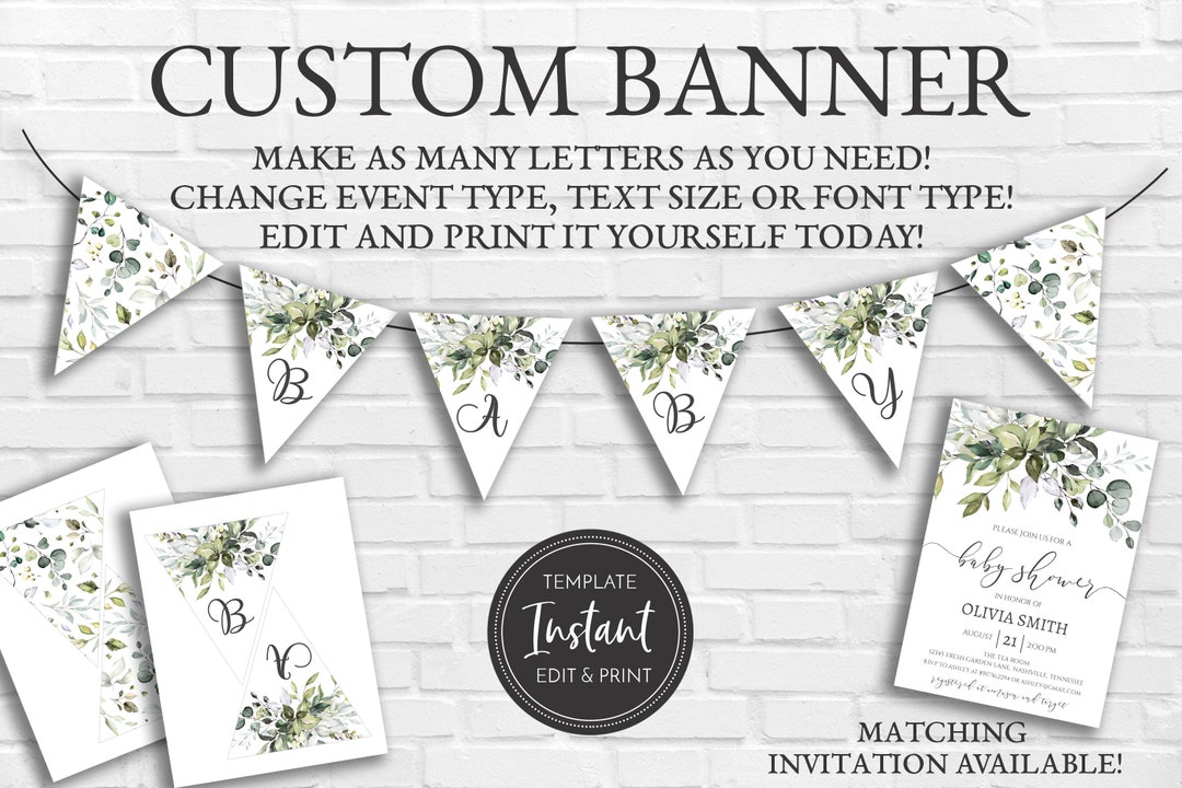 Greenery Custom Banner Template, Pendant Banner, Baby Shower, Bridal ...