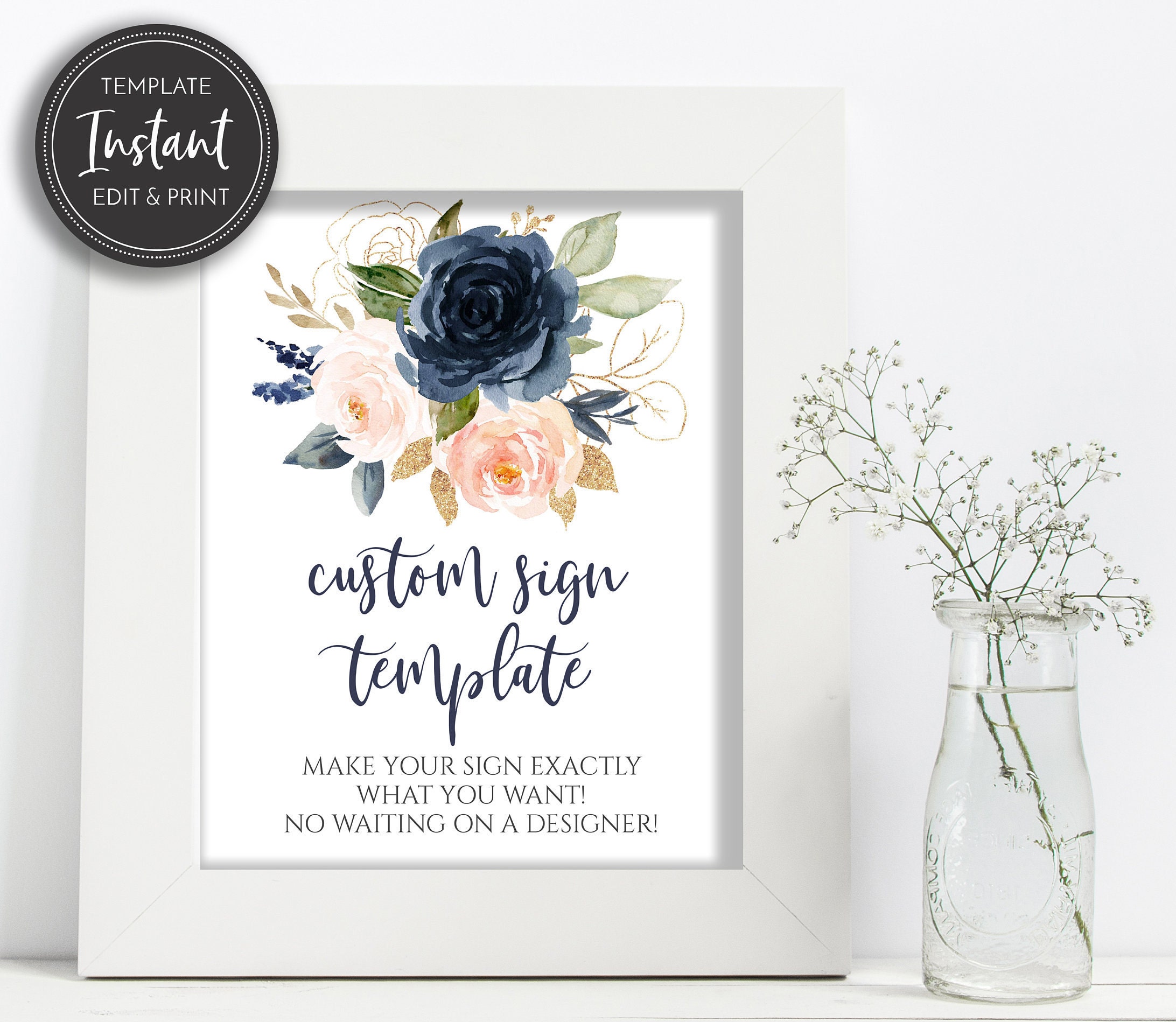 Blush Navy Floral Table Sign Template Baby and Bridal Shower - Etsy