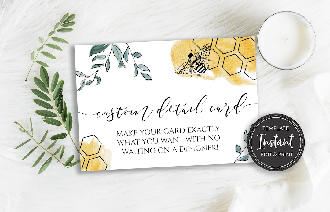 Bee Editable Details Card Template, Baby Shower, Bridal Shower Insert ...