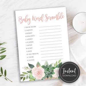 Baby Shower Word Scramble Game Pink Blush Green Succulents Watercolor ...