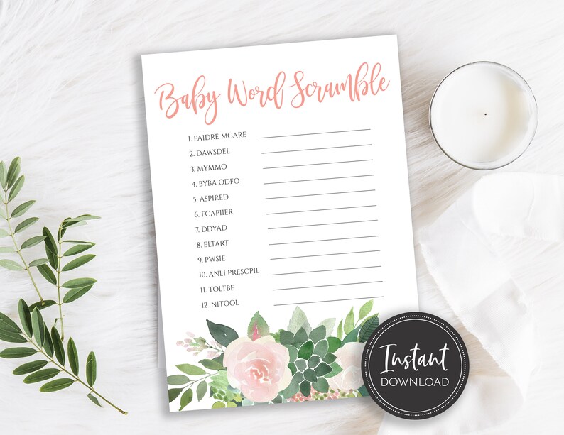 Baby Shower Word Scramble Game Pink Blush Green Succulents - Etsy