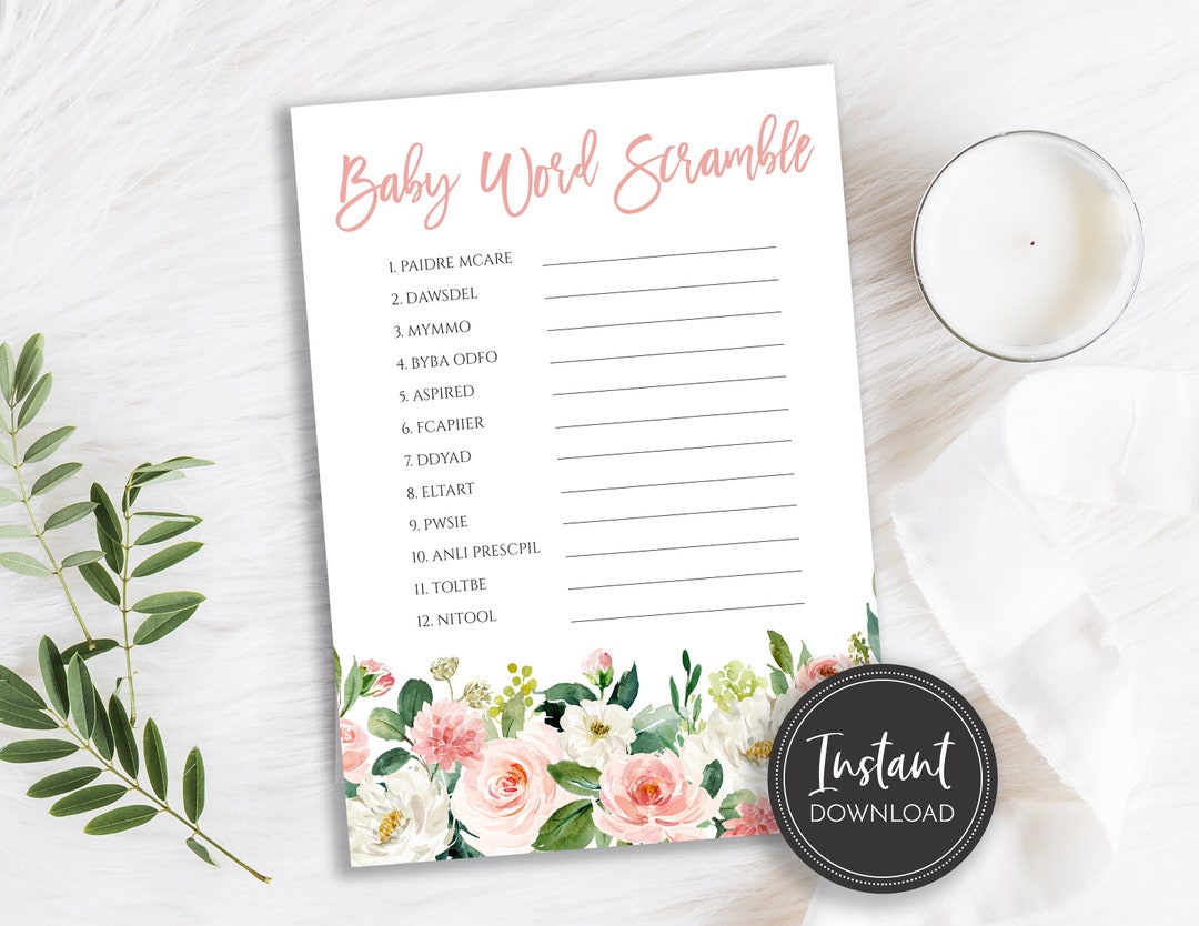 Blush Pink Baby Word Scramble Baby Shower Game Floral Flowers Digital ...