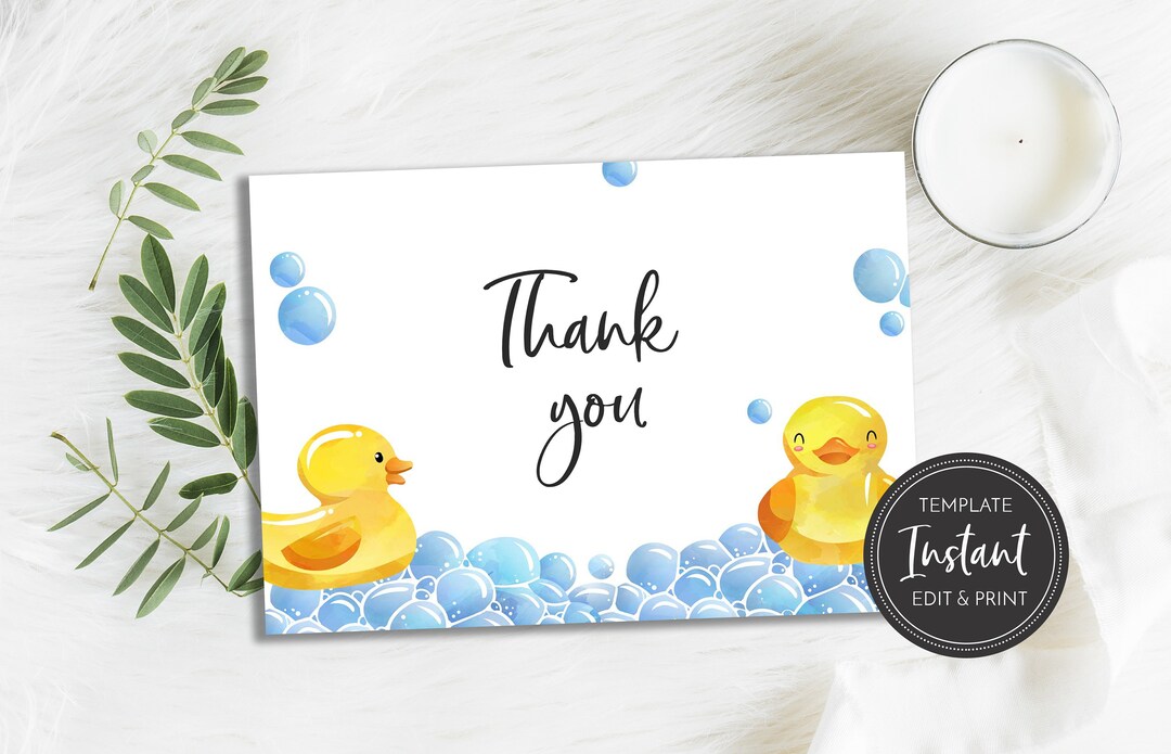 Rubber Duck Thank You Card Template, Baby Shower Thank You Card, Yellow ...