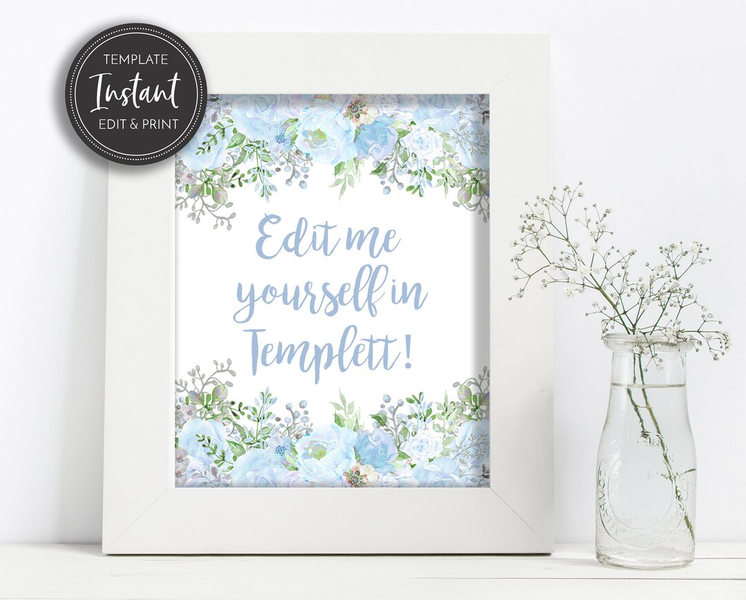 Light Blue Baby Shower Table Sign Template, Watercolor Flowers Floral ...