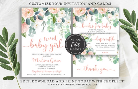 Pink Sweet Baby Girl Shower Bundle Invitation Books Card Diaper Raffle ...