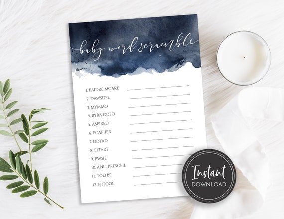 Navy Blue Watercolor Baby Word Scramble Shower Game Instant | Etsy