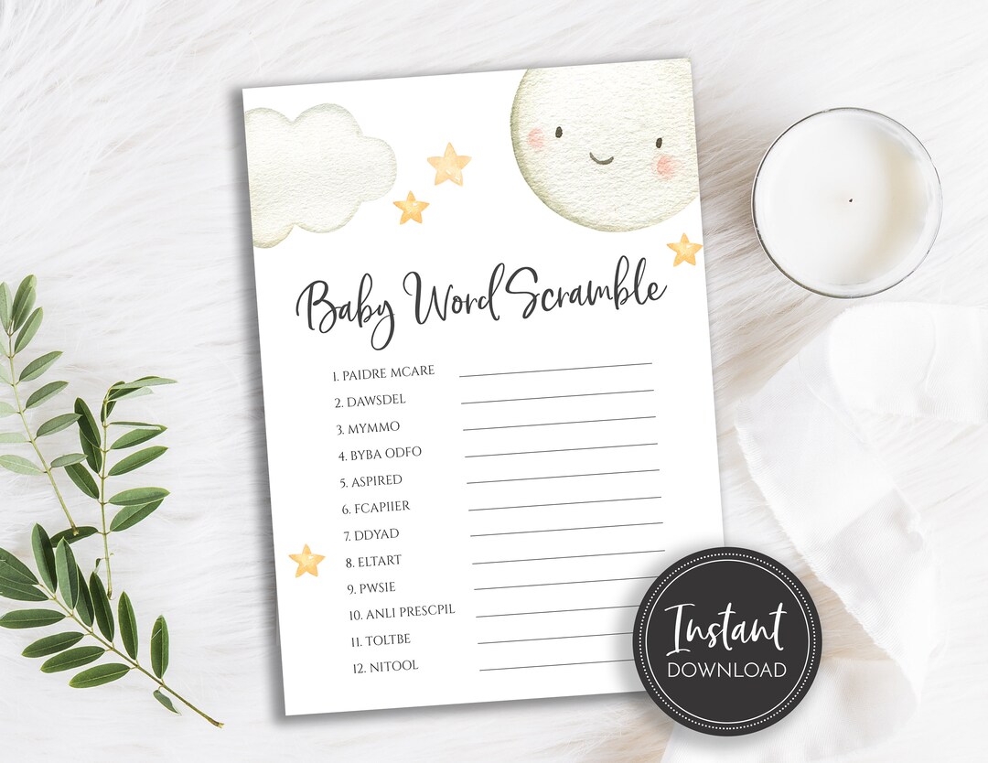 To the Moon and Back Baby Word Scramble Baby Shower Game Clouds Stars ...