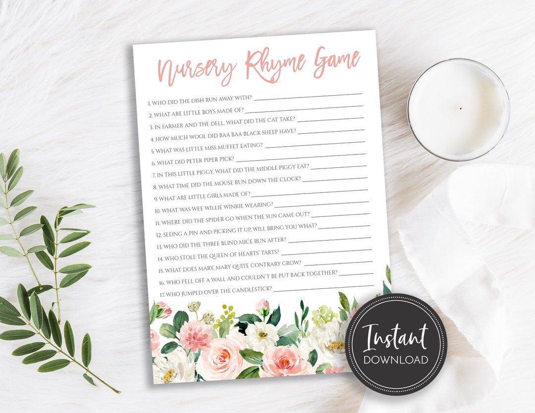 Blush Pink Nursery Rhyme Baby Shower Game Floral Flowers Digital ...