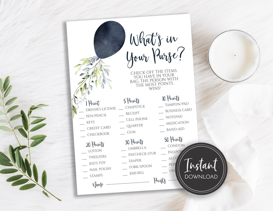 What's in Your Purse Baby Shower Game, Navy Blue Balloon Shower Game ...
