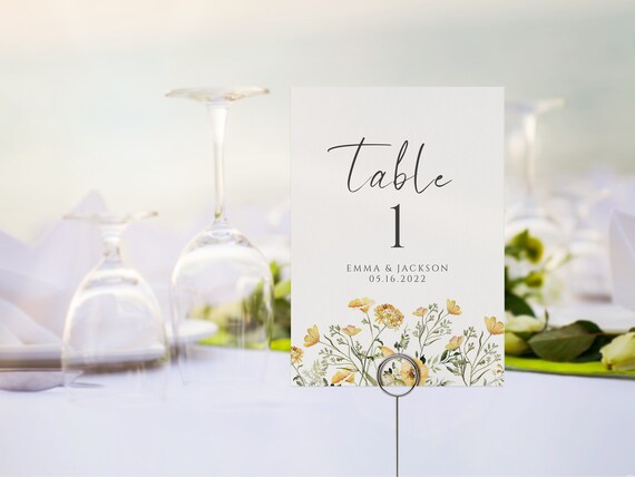 Yellow Wildflower table number signs, Wedding table number template ...