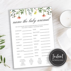 Wildflower Baby Shower Game, Name the Baby Animal Game, Match the ...
