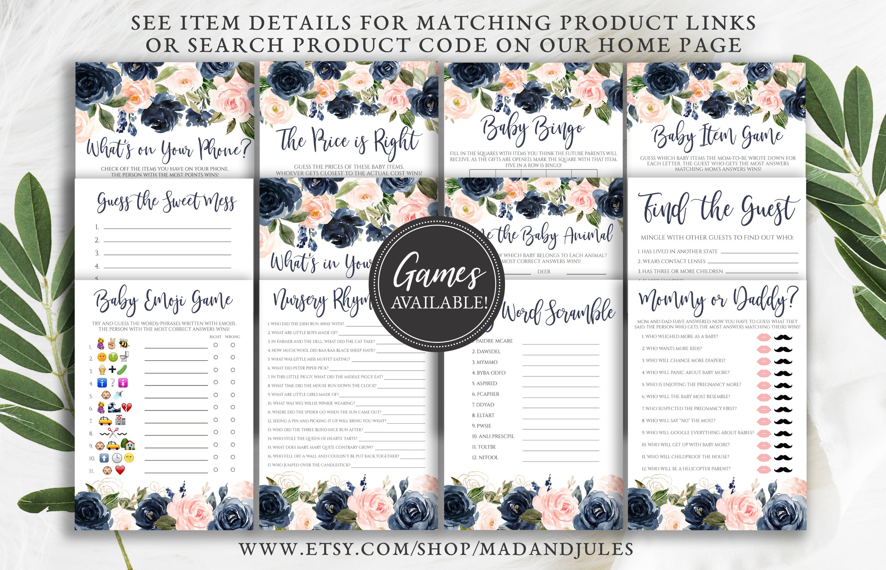 Navy and Blush Pink Roses Nursery Rhyme Baby Shower Game - Etsy