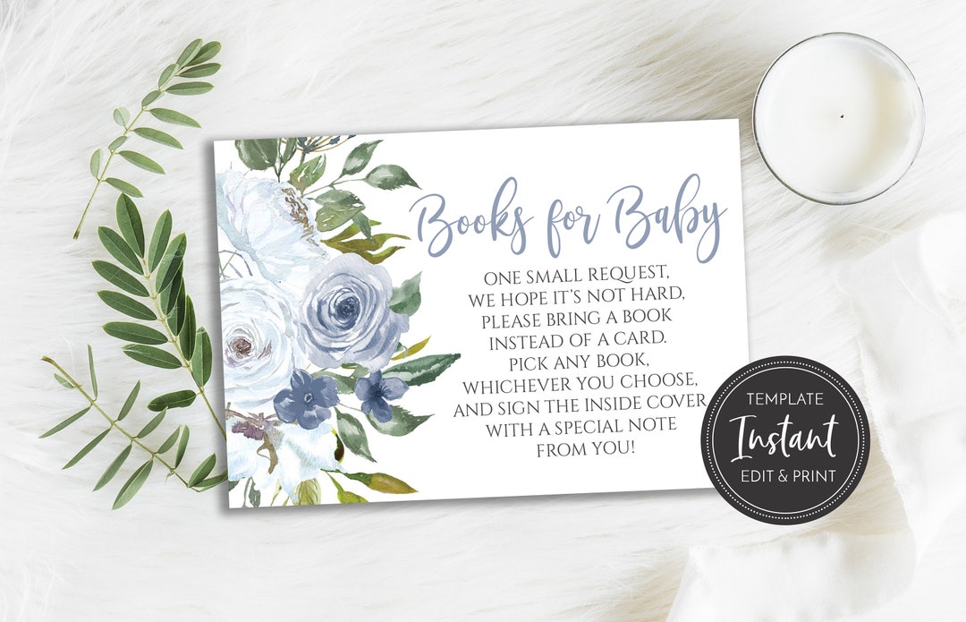 Light Blue Floral Books for Baby Card, Baby Shower Book Request Insert ...