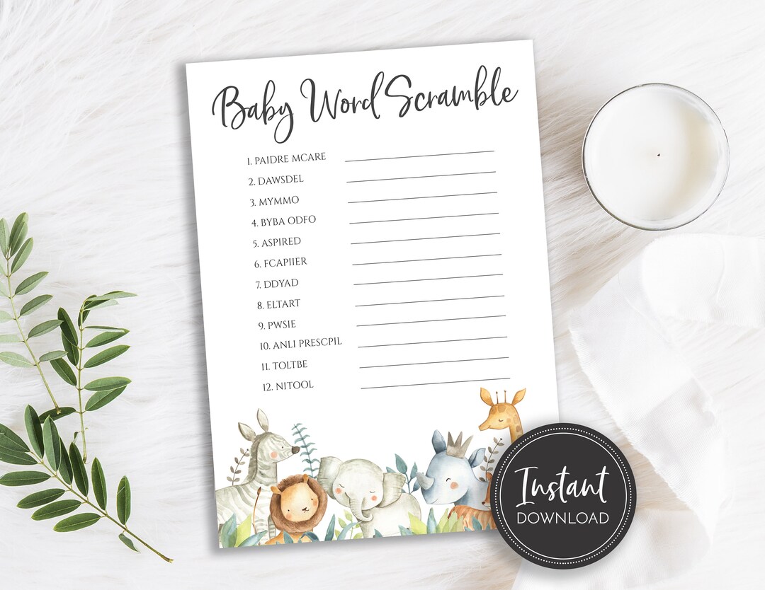 Jungle Animals Baby Word Scramble Baby Shower Game Wild One Gender ...