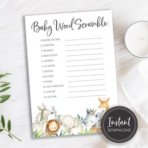 Jungle Animals Baby Word Scramble Baby Shower Game Wild One Gender ...