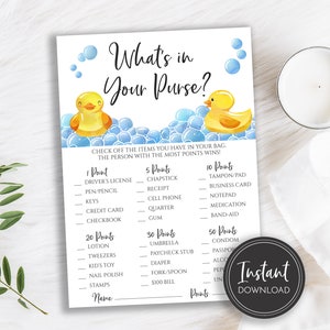 Rubber Ducky What's in Your Purse Baby Shower Game Gender Neutral Blue ...