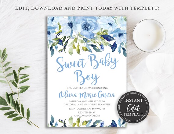Sweet Baby Boy Baby Shower Invitation Light Navy Blue | Etsy