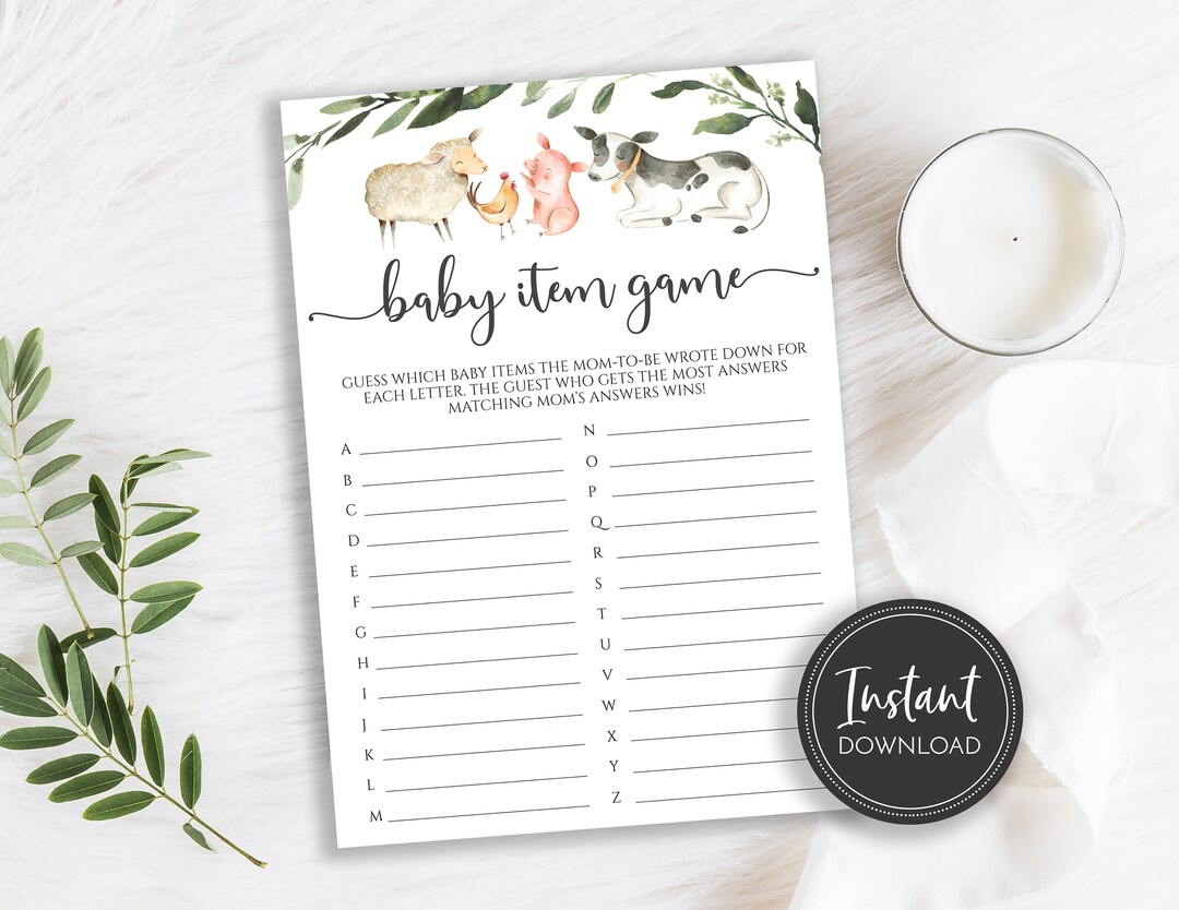 Farm Animals Baby Shower Game, Baby Item Shower Game, Cow, Sheep ...