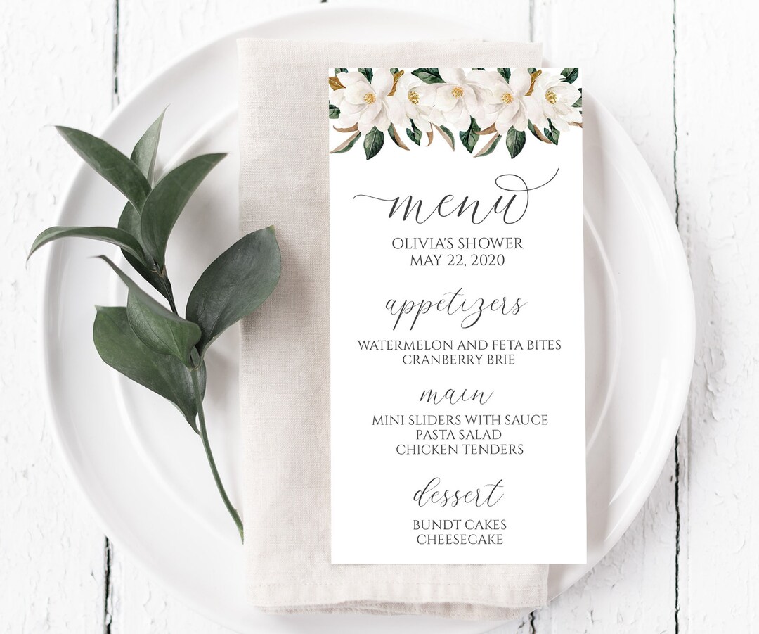 Magnolia Menu Template, Wedding Menu, Baby Shower Menu, Bridal Shower ...