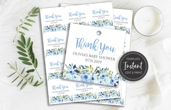 Blue Floral Favor Tag Template Blue Gift Tag Boy Baby | Etsy