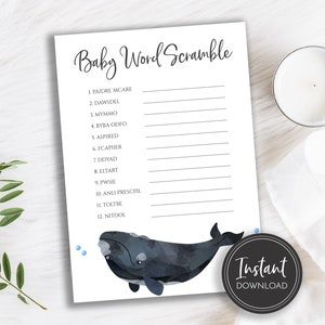 Whale Baby Shower Game Word Scramble Blue White Baby Boy Shower Digital ...