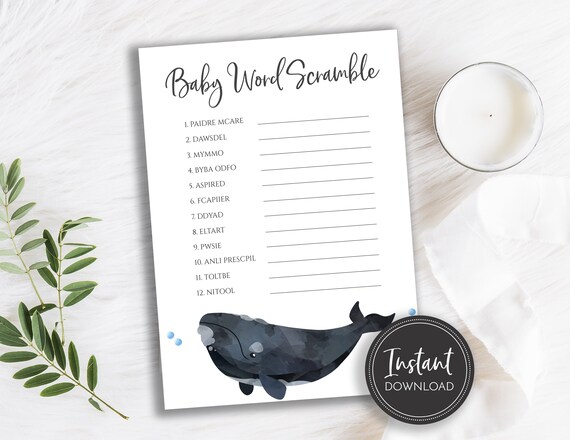 Whale Baby Shower Game Word Scramble Blue White Baby Boy | Etsy