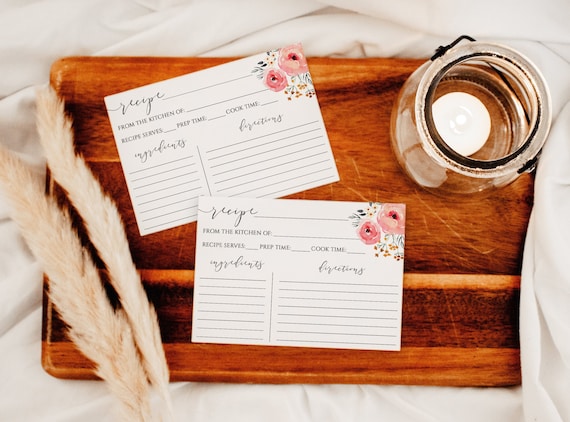 Pink Boho Recipe Cards, Boho Roses Bridal Shower Recipe Card, Instant ...