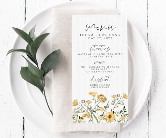 Yellow Wildflower Wedding Menu Template, Printable Wedding Menu ...