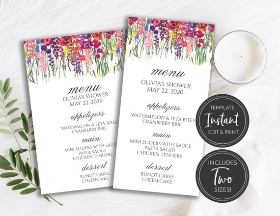 Purple Wildflower Shower Menu Template Baby Shower Menu | Etsy