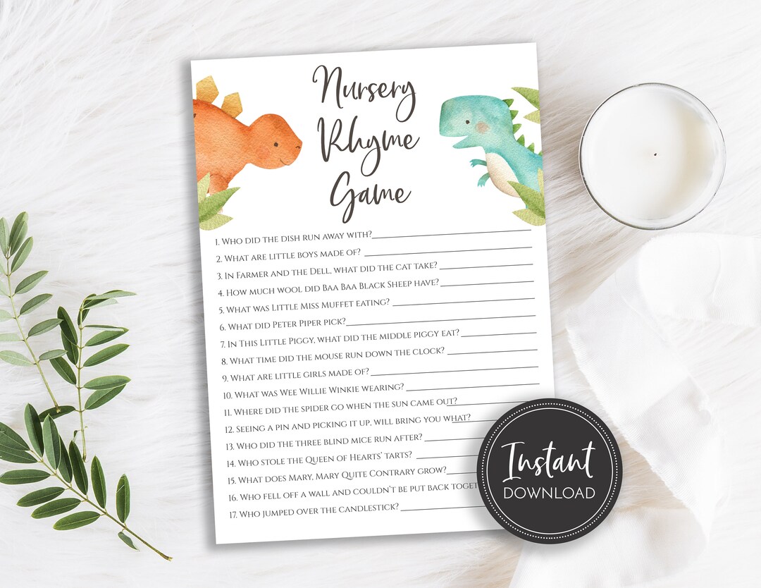 Dinosaur Nursery Rhyme Baby Shower Game Orange Blue Green T-rex ...