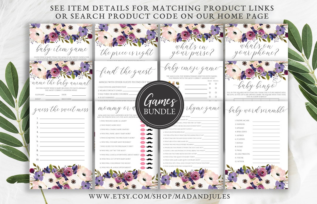 Purple Baby Shower Game Bundle, Mommy or Daddy, Word Scramble, Bingo ...
