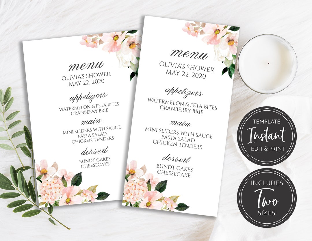 Elegant Blush Pink Hydrangeas Shower Menu Template, Baby Shower Menu ...