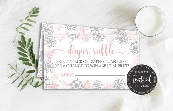 Pink Snowflake Diaper Raffle Card Template, Baby Shower Diaper Request ...