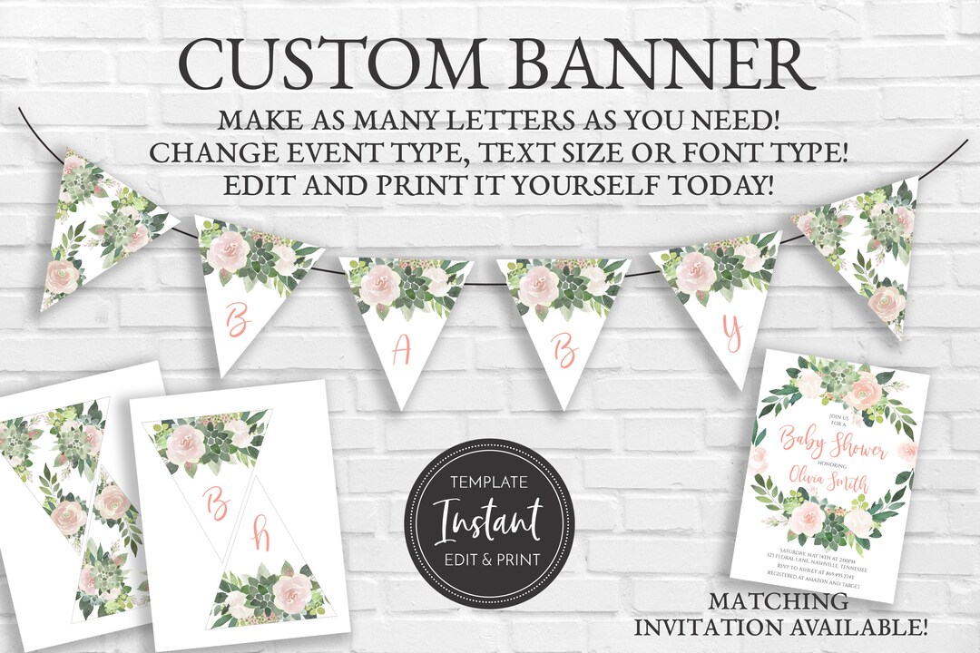 Boho Pink Blush Green Succulents Banner Template, Baby Shower Banner ...
