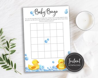 Rubber Ducky Baby Shower Bingo Cards Printable, Yellow Pink Baby Shower ...