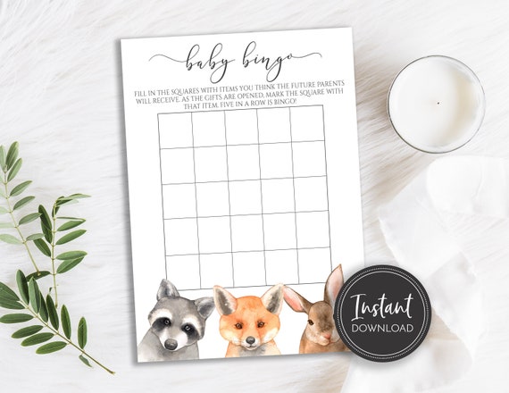 Woodland Baby Shower Bingo Game, Forest Animals, Fox, Raccoon, Deer ...