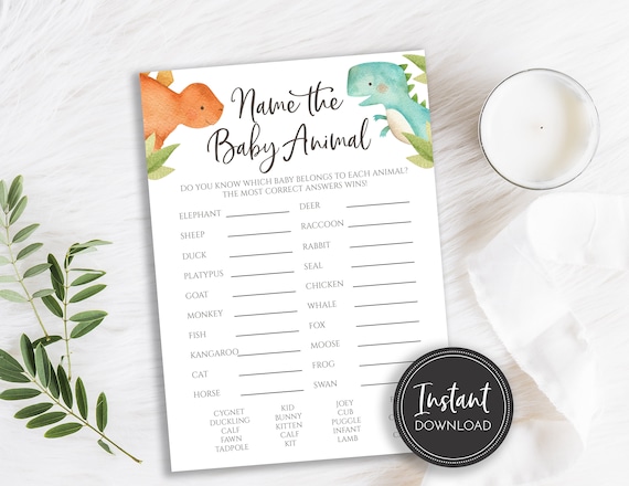 Dinosaur Name the Baby Animal Baby Shower Game Orange Blue Green T-Rex ...