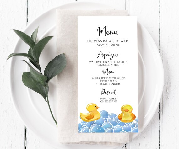 Rubber Duck Shower Menu Template, Baby Shower Menu, Yellow Duck Menu ...