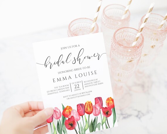 Tulip Bridal Shower Invitation, Spring Tulip Shower Invite, Red, Pink ...